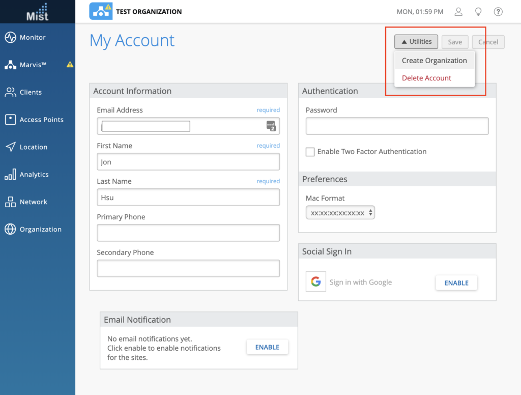 Create a Mist Account and Organization - Mist