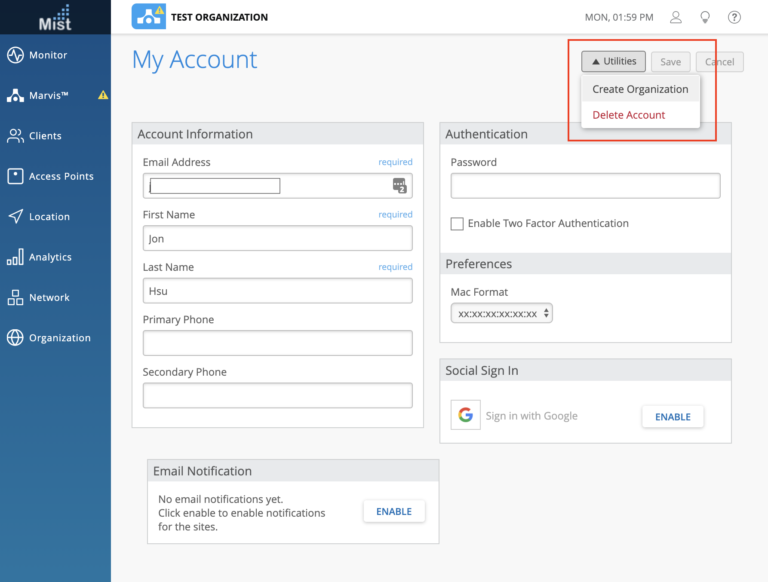 Create a Mist Account and Organization - Mist