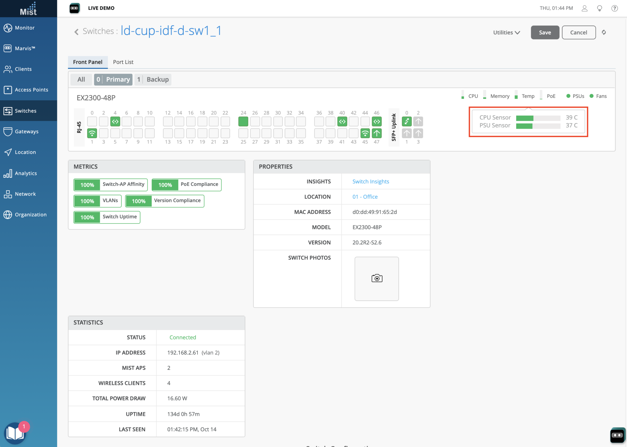 Switches Dashboard - Mist