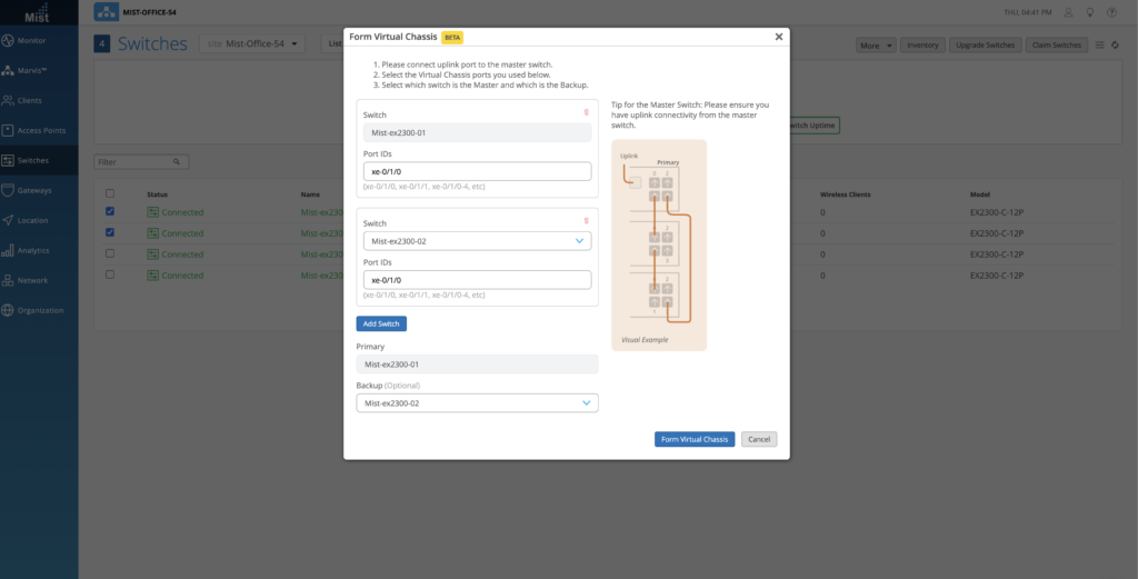 Workflow for VC formation with Mist for EX2300, EX4650 and QFX5120 - Mist