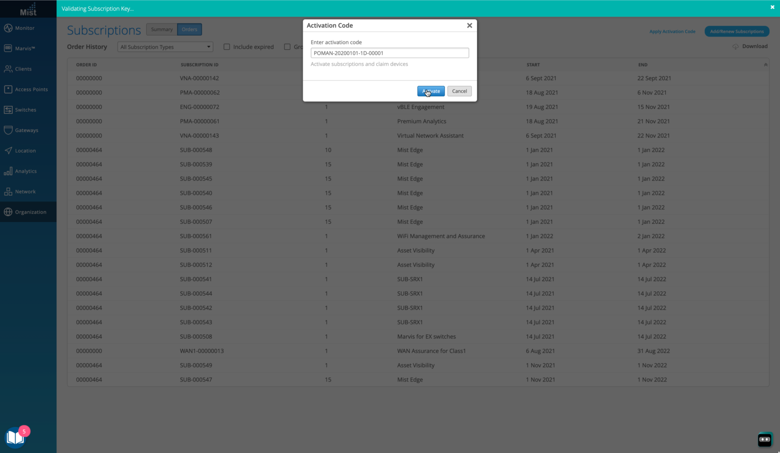 Subscriptions and Activations - Mist